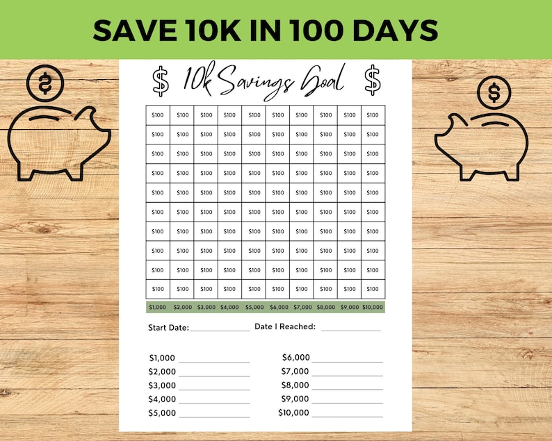 10k Savings Challenge Tracker Printable, 10k in 100 Days, 10k Challenge ...