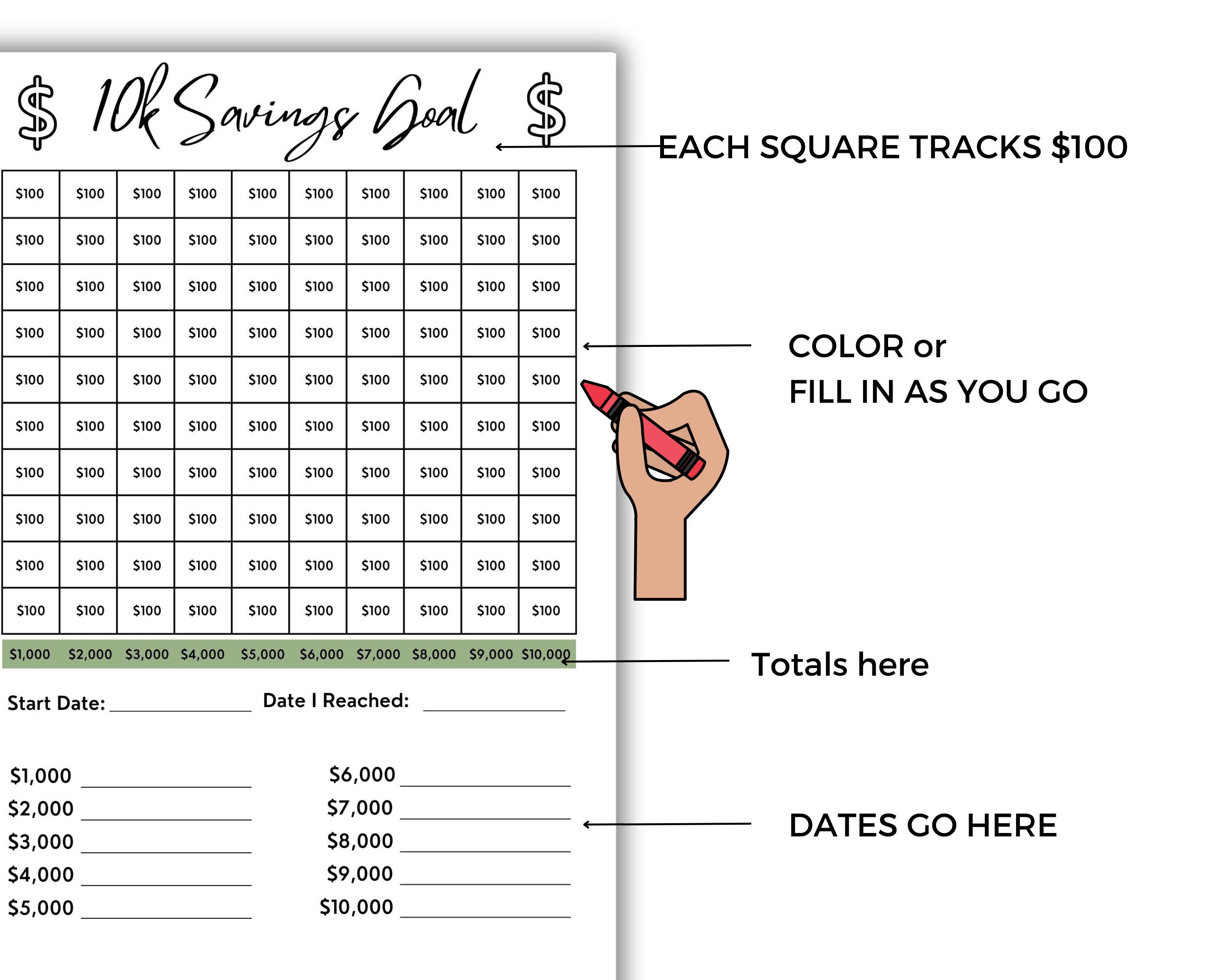 10k Savings Challenge Tracker Printable, 10k in 100 Days, 10k Challenge, 100 Day Money Challenge ...