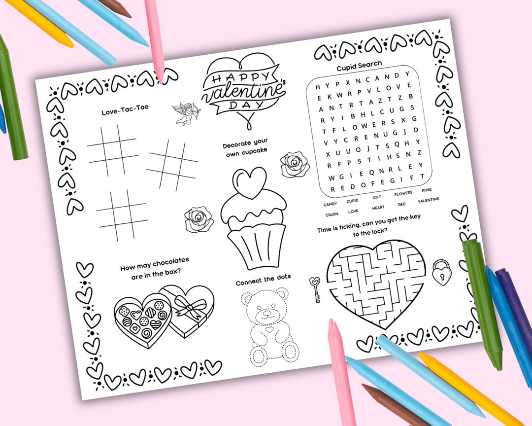 Valentines Placemat, Valentine Printable, Valentines Activity, Coloring ...