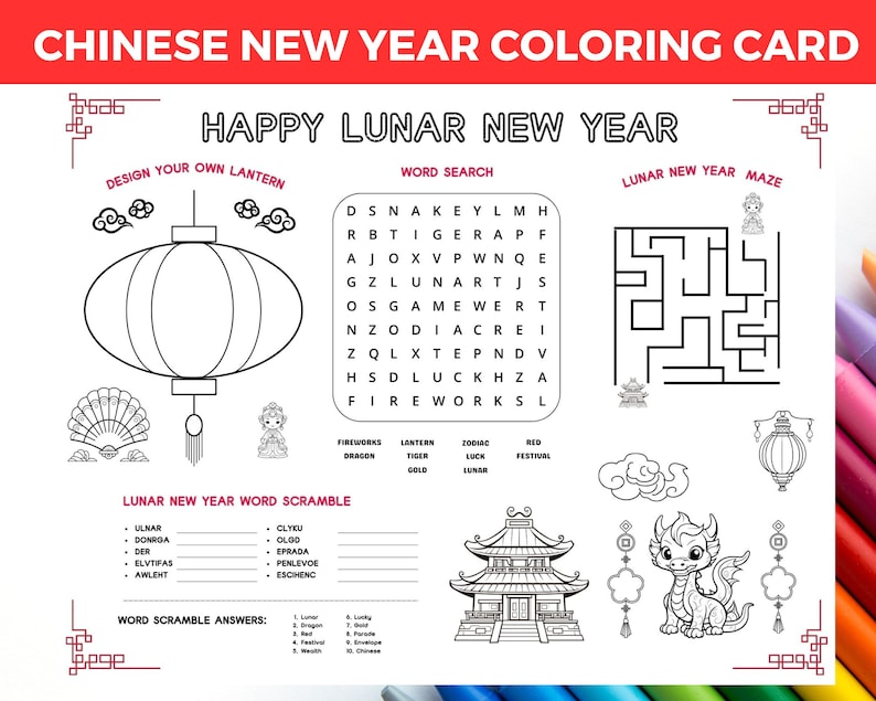 Lunar New Year Activity Placemat, Chinese New Year Coloring for Kids ...