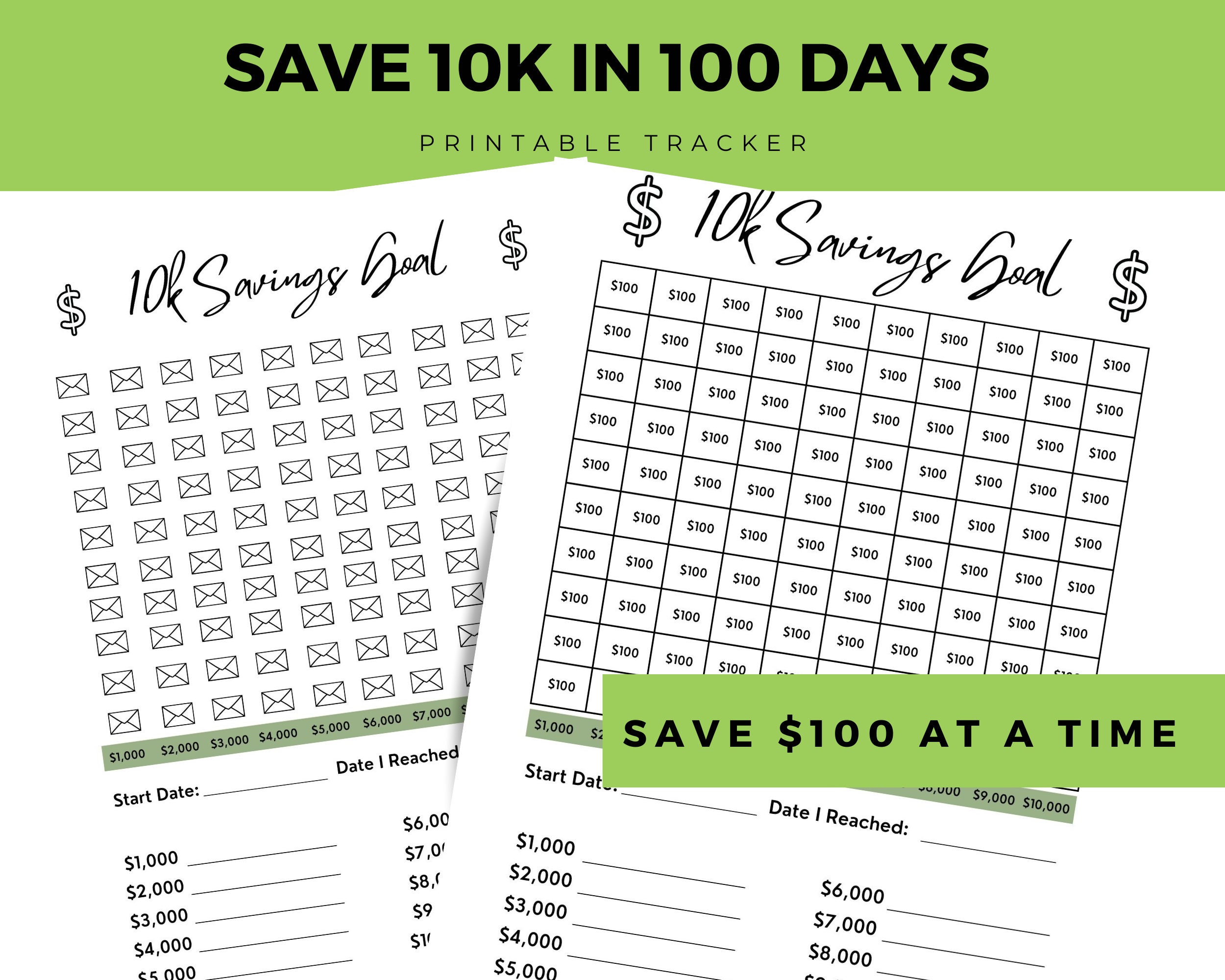 10k Savings Challenge Tracker Printable, 10k in 100 Days, 10k Challenge, 100 Day Money Challenge ...