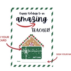 Teacher Amazon Gift Card Holder Printable, Christmas Teacher Card, Gift ...