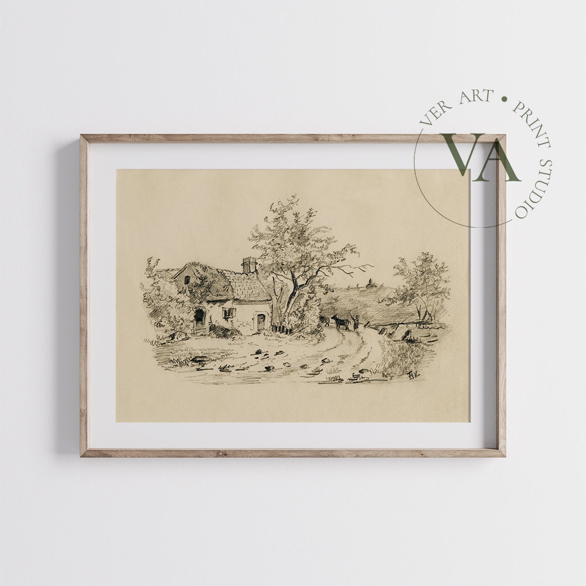 Vintage Farmhouse Landscape Sketch, Rustic Village Wall Art, Neutral ...