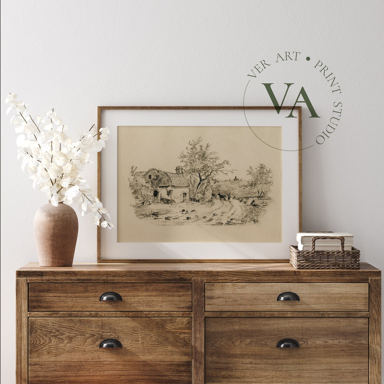 Vintage Farmhouse Landscape Sketch, Rustic Village Wall Art, Neutral ...