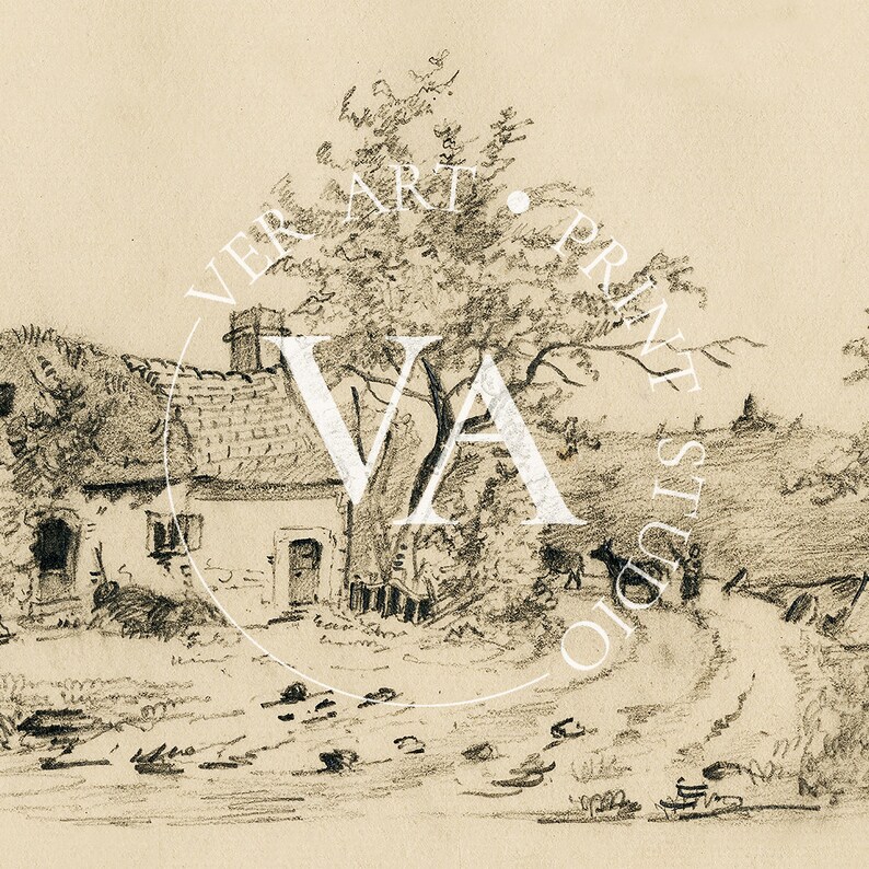 Vintage Farmhouse Landscape Sketch, Rustic Village Wall Art, Neutral ...