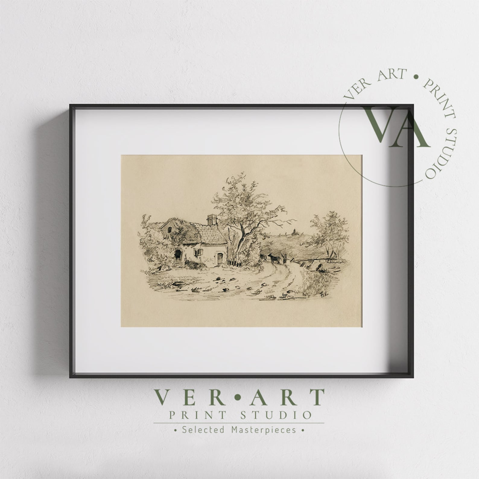 Vintage Farmhouse Landscape Sketch, Rustic Village Wall Art, Neutral ...
