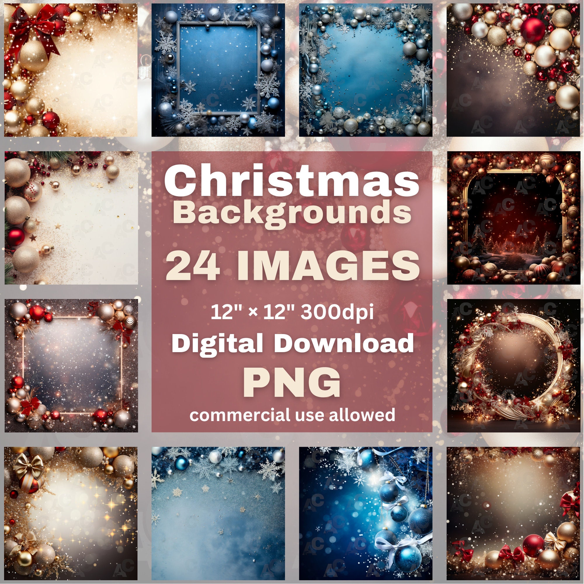 Christmas Digital Backgrounds and Frames, 24 Backgrounds PNG, Christmas ...