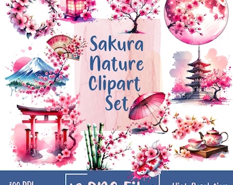 Japanese Sakura Nature Clip Art Set, Cherry Blossom Tree Bundle, Sublimation Design, Digital ...