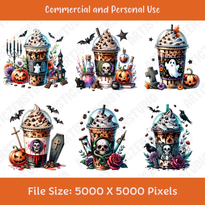 Halloween Coffee Clipart | Scary Gothic Watercolor | Iced Coffee Drink ...