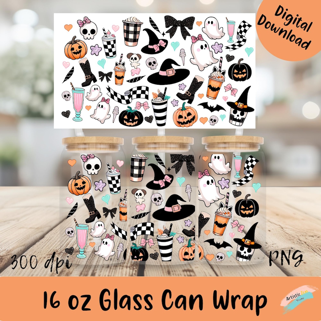 Cute Halloween Glass Can Wrap 16 Oz PNG Kawaii Ghost Pumpkin Skull Cup ...