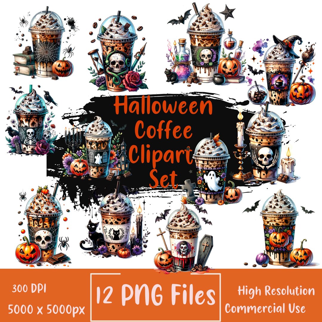 Halloween Coffee Clipart | Scary Gothic Watercolor | Iced Coffee Drink ...