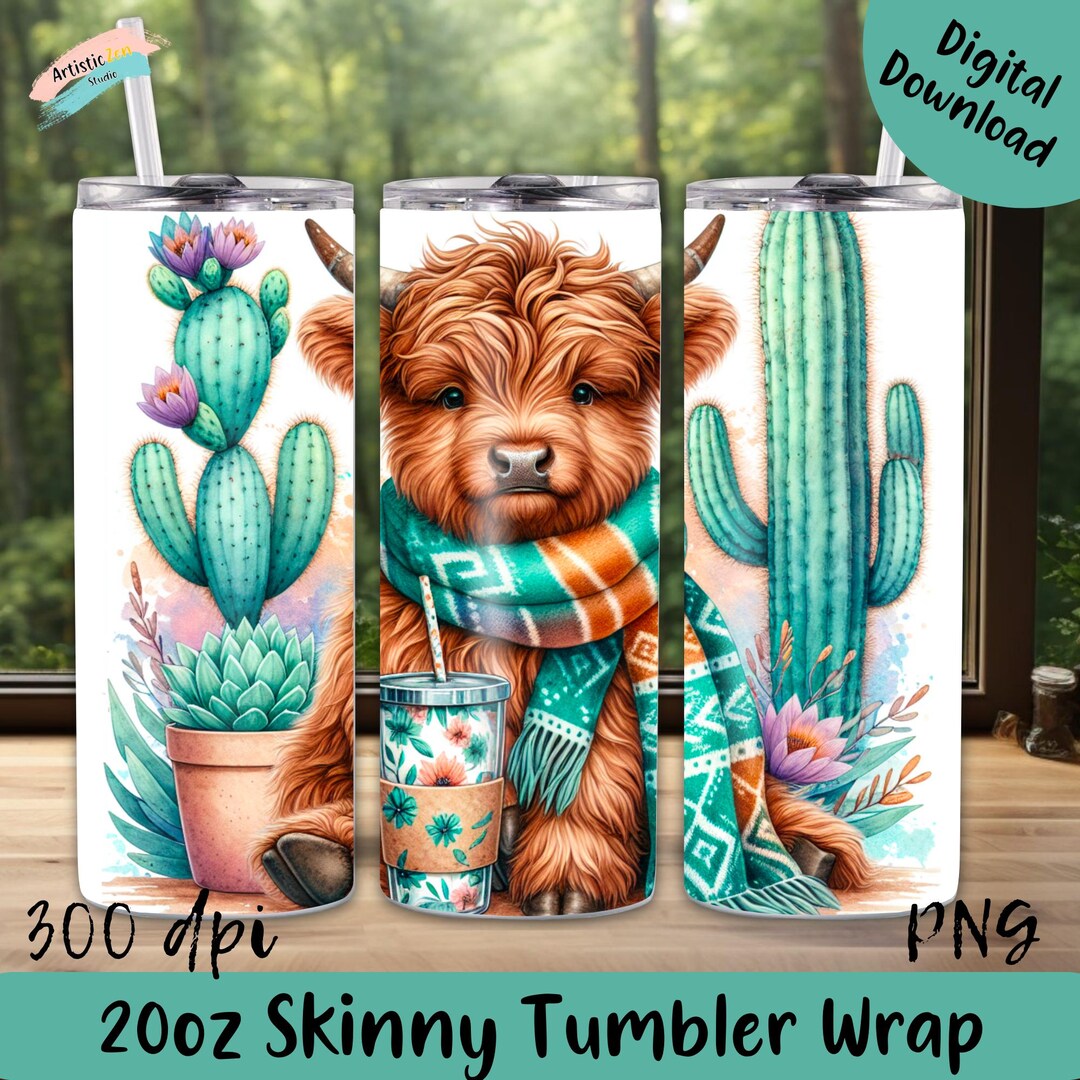 Highland Cow With Cactus Tumbler Wrap | 20 Oz Skinny Tumbler ...