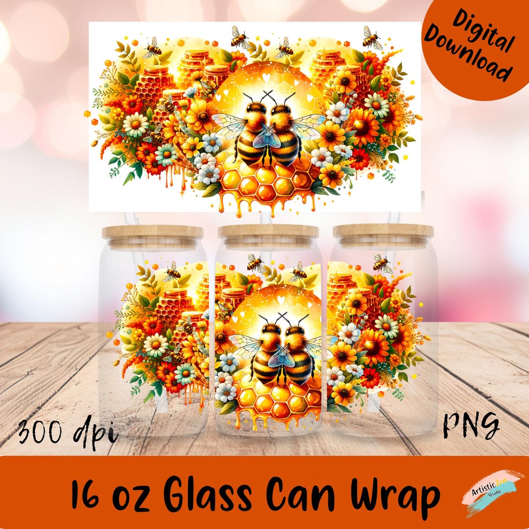 Bee Glass Can Wrap | Queen Bee Floral Glass Can Wrap | Cute Bumble Bee ...