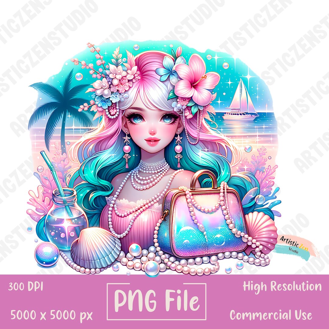 Mermaidcore Beach Girl PNG, Pastel Fashion Aesthetic Clipart, Tropical ...