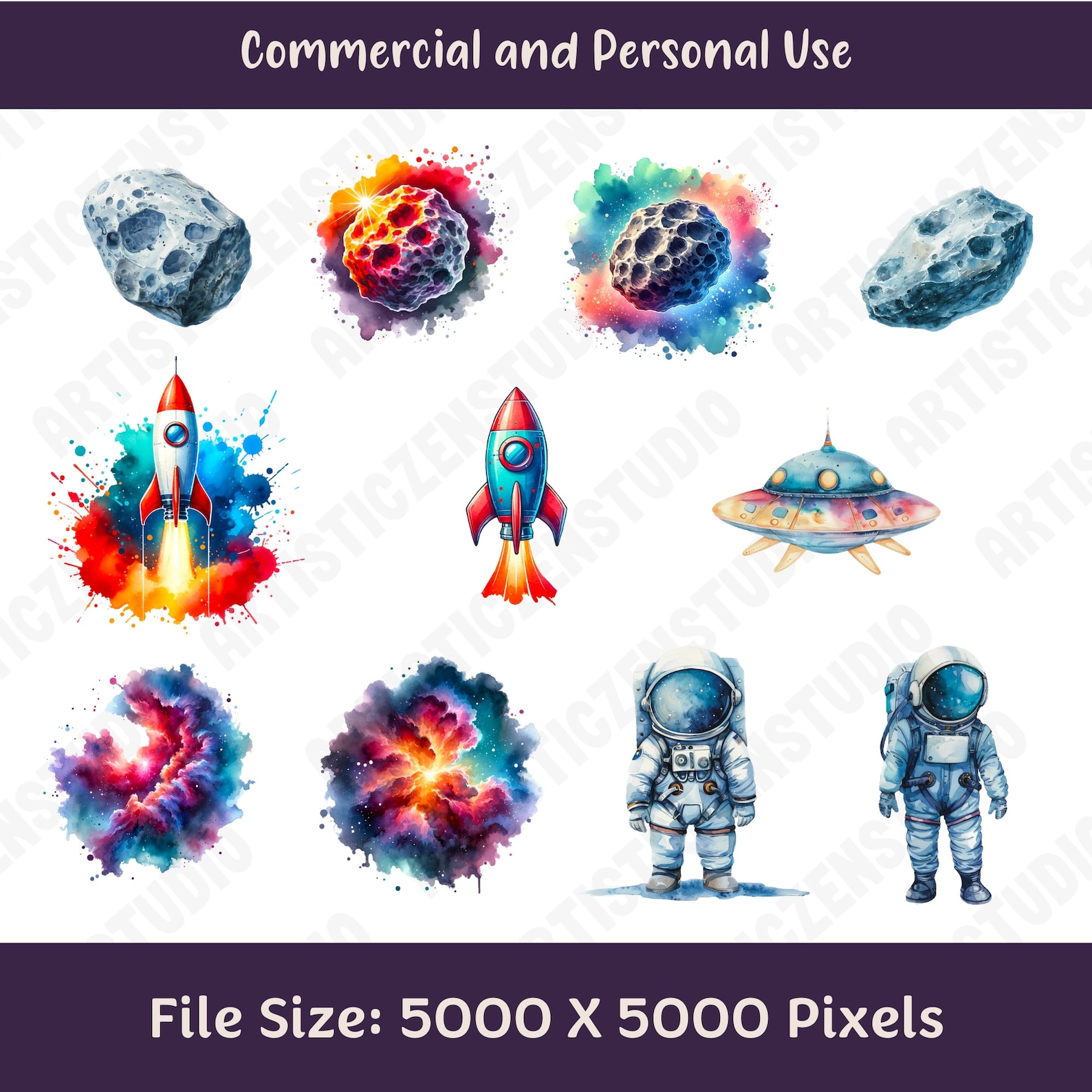 Watercolor Space Clipart Bundle Astronaut Rocket Png Cute Space Clipart ...