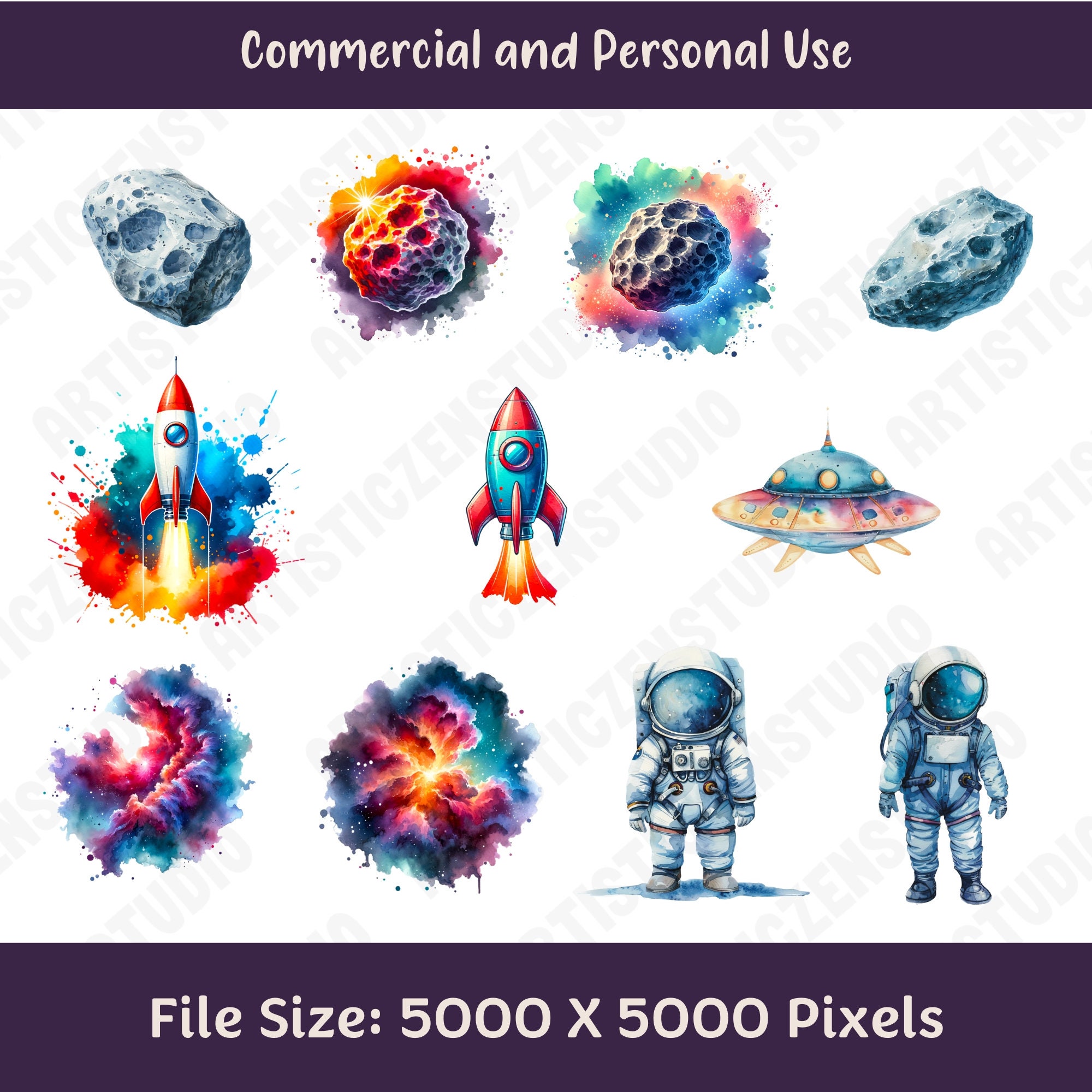 Watercolor Space Clipart Bundle Astronaut Rocket Png Cute Space Clipart ...