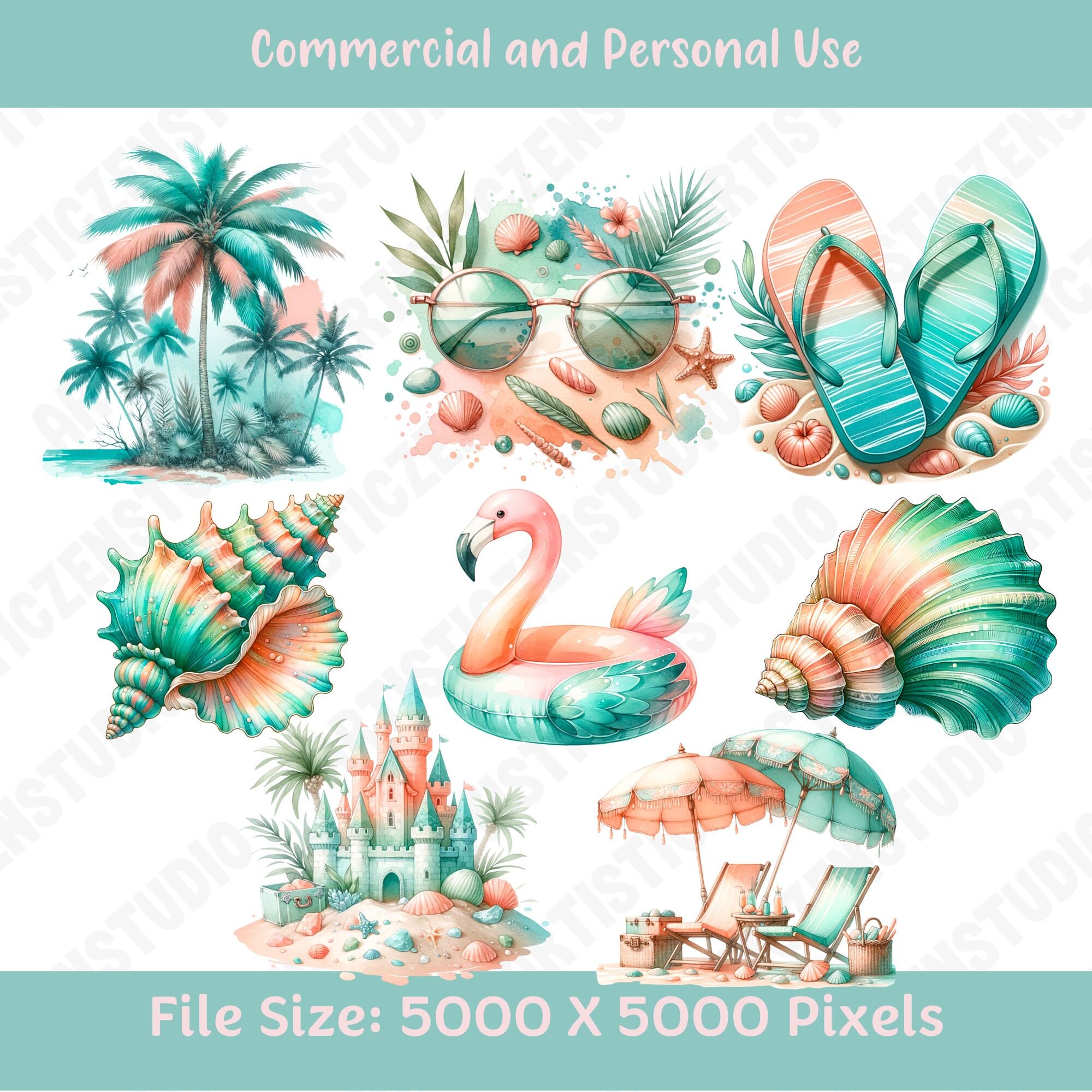 Summer Beach Watercolor Clipart Set, Vacation Clip Art, Boho Tropical ...