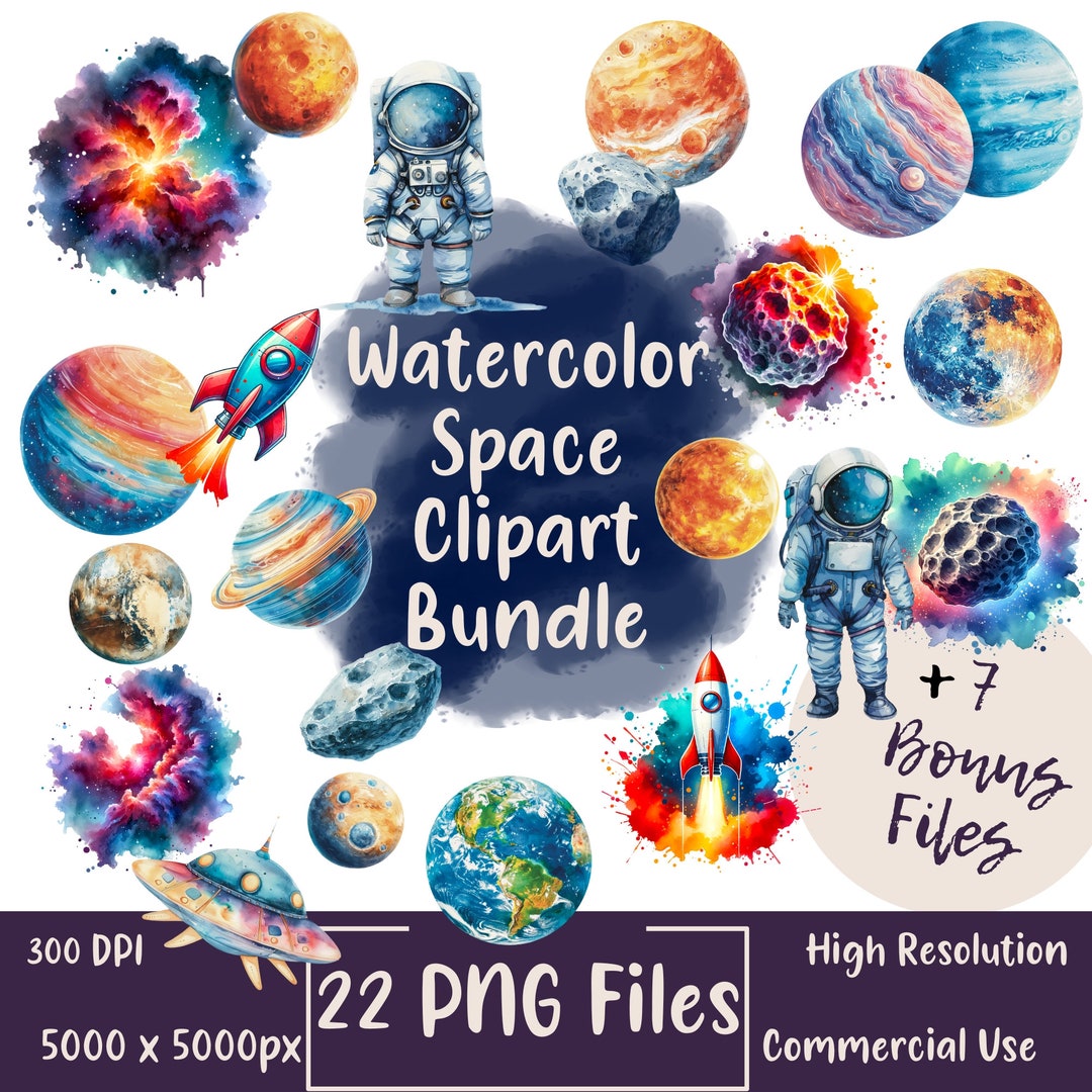 Watercolor Space Clipart Bundle Astronaut Rocket Png | Cute Space ...