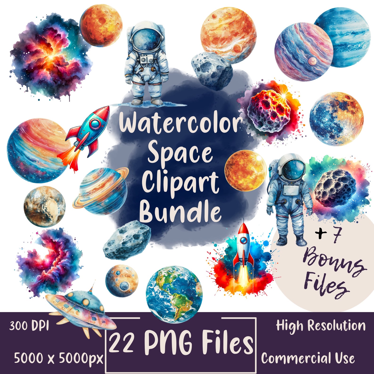 Watercolor Space Clipart Bundle Astronaut Rocket Png | Cute Space ...