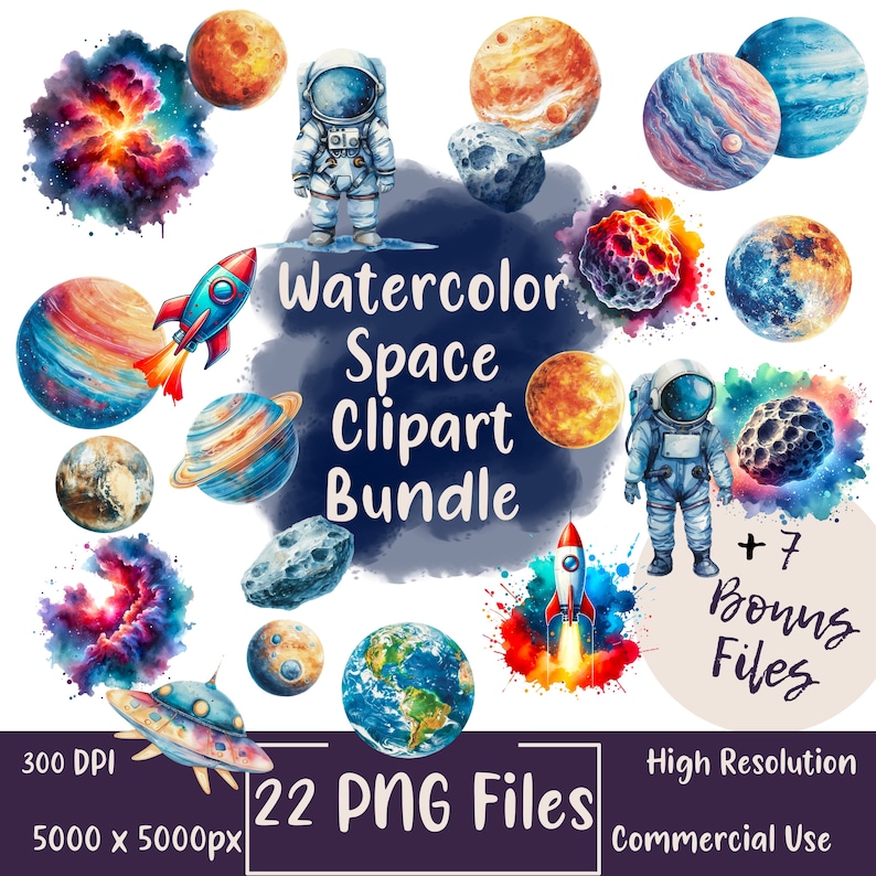 Watercolor Space Clipart Bundle Astronaut Rocket Png | Cute Space ...