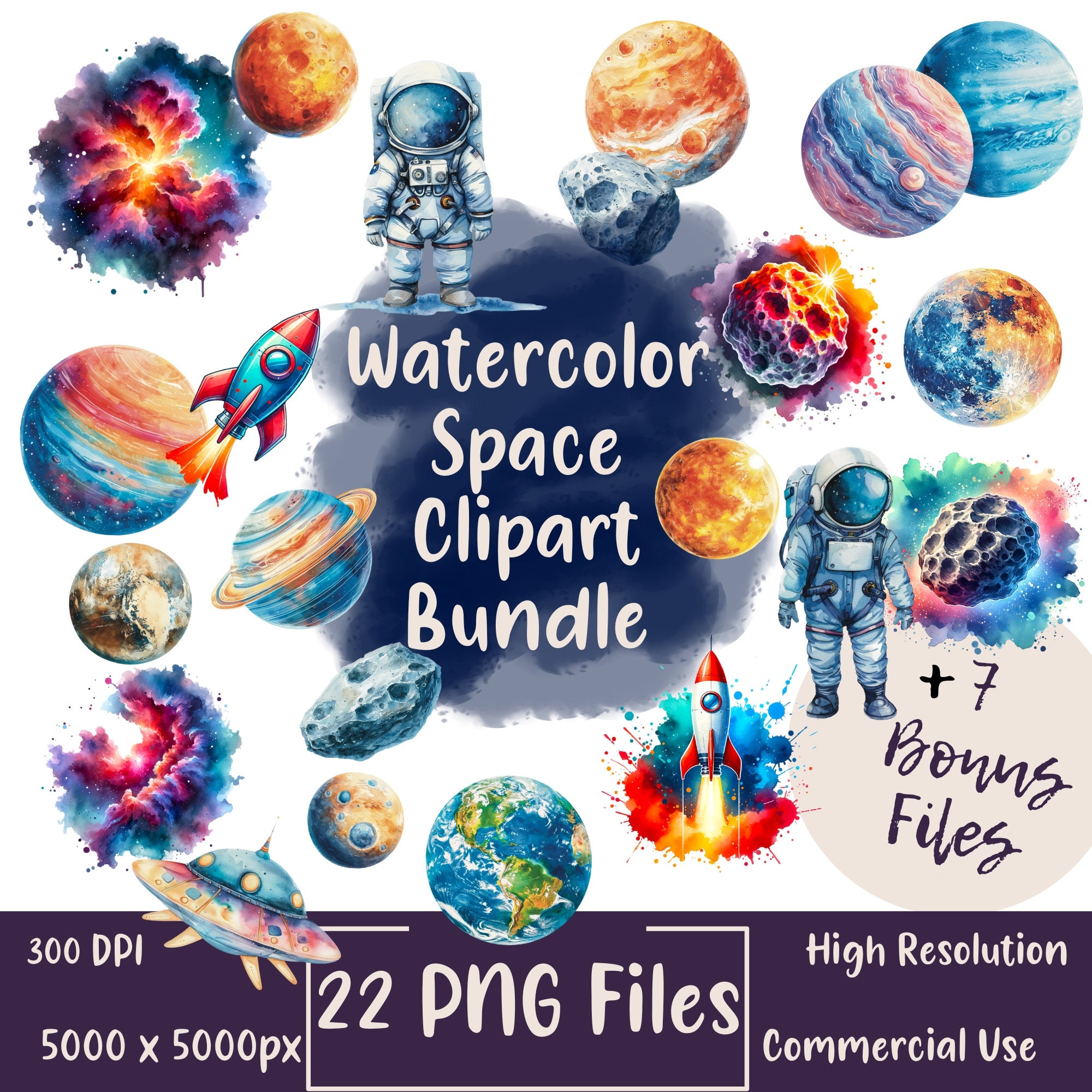 Watercolor Space Clipart Bundle Astronaut Rocket Png | Cute Space ...