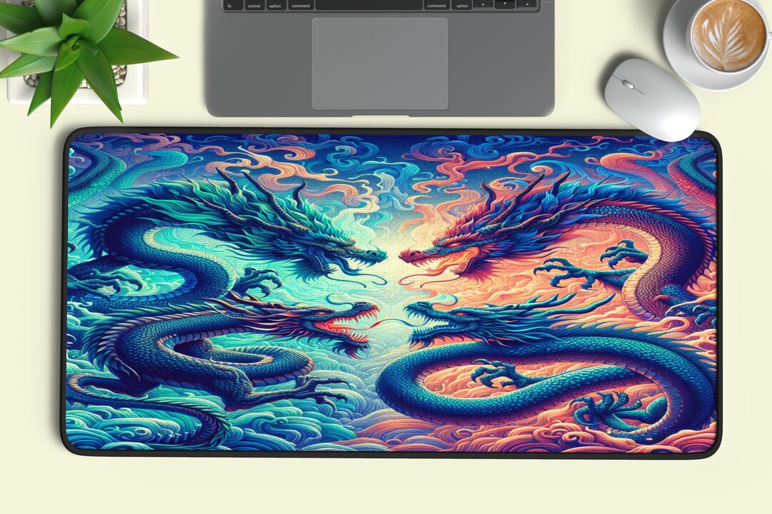 Dueling Dragon Desk Mat, Mystical Design Gaming Mat, Japanese Dragons ...