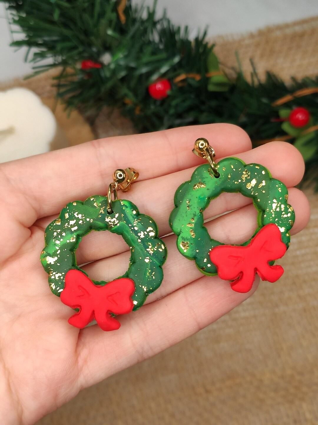 Handmade Polymer Clay Christmas Wreath Dangle Earrings With Red Bow and ...