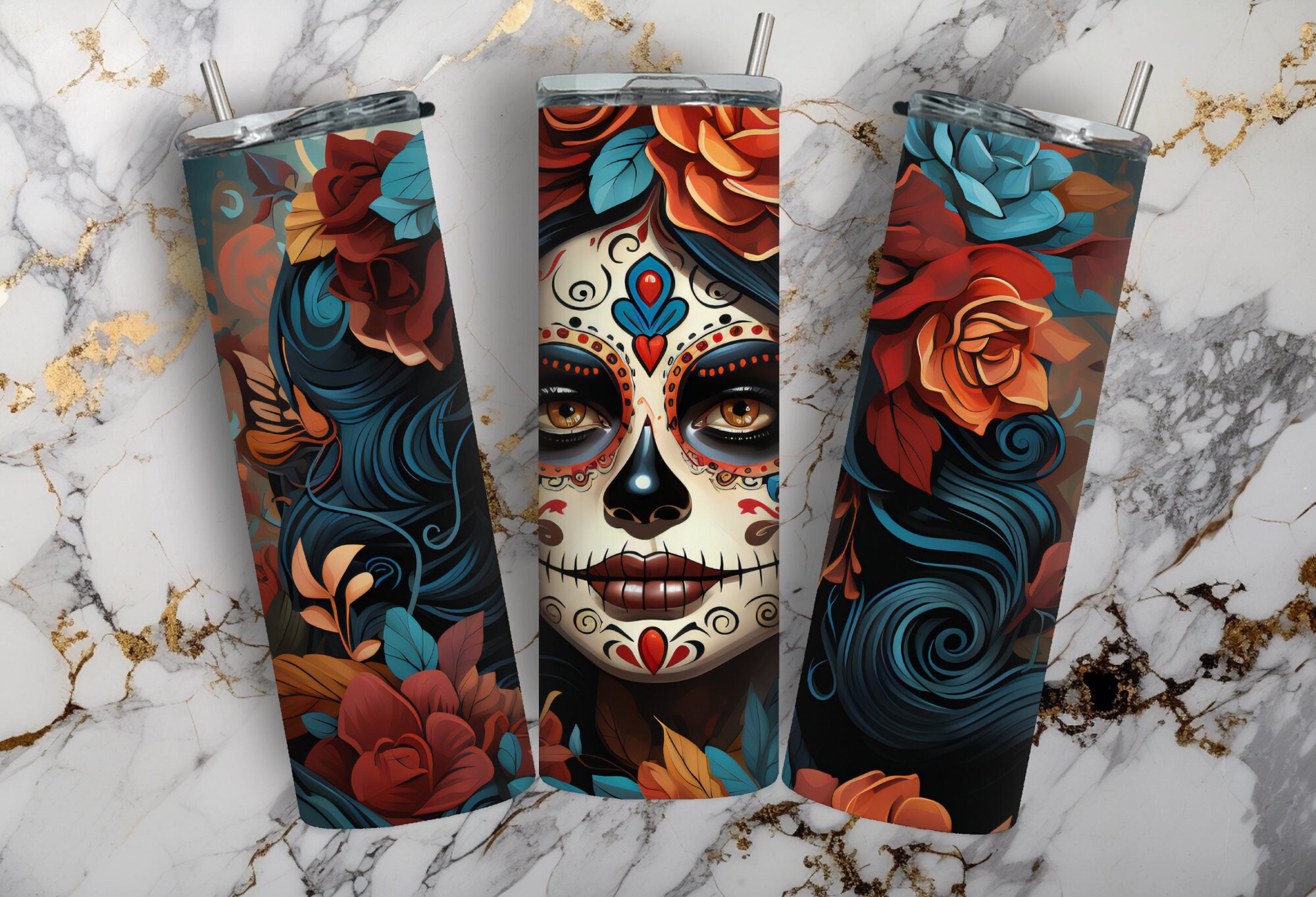 Floral Sugar Skull, Day of the Dead Png, 20 Oz Skinny Tumbler Design ...