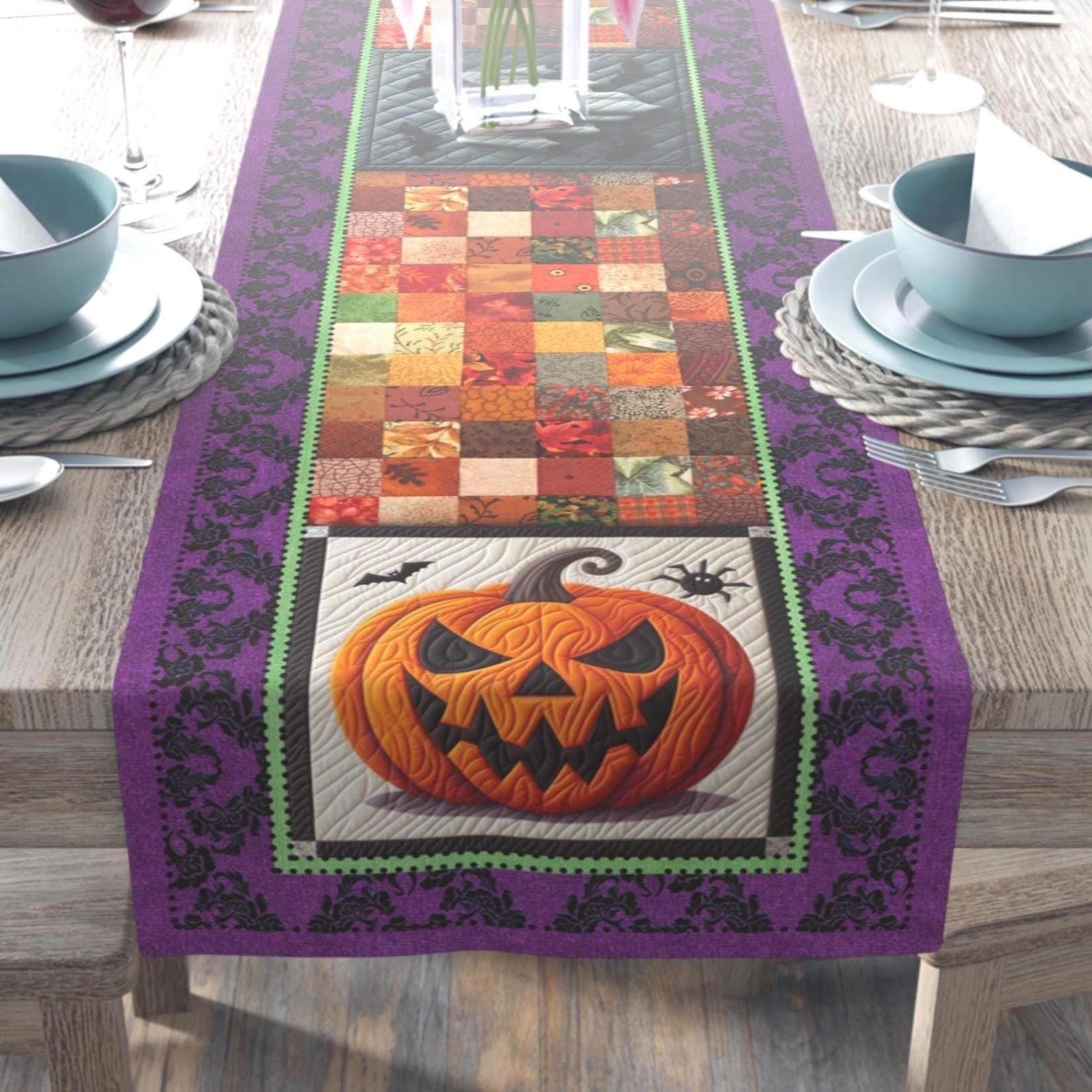 Halloween Farmhouse Style Table Runner: Spooky Pumpkins, Ghosts & Bats ...