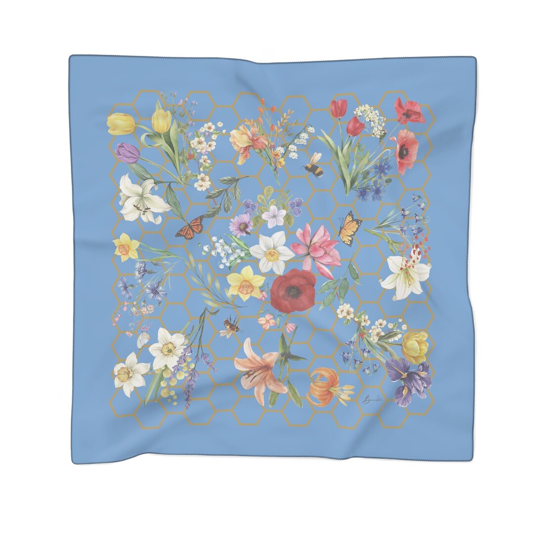 Soft Chiffon Scarf for Women/square Blue Floral Hair or Neck Scarf ...
