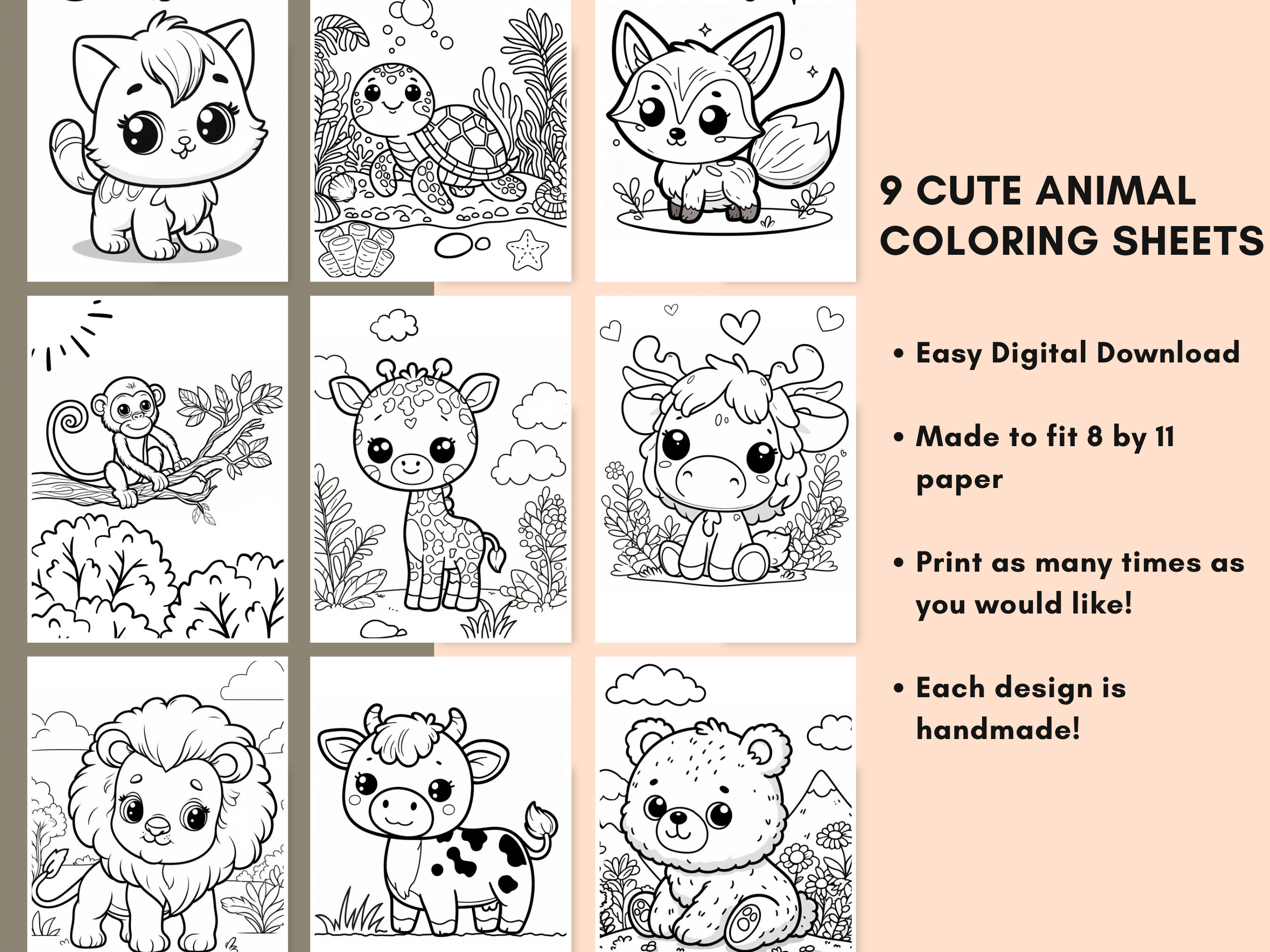Hand Made Cute Animals Coloring Sheet - High Quality - Bear - Fox ...
