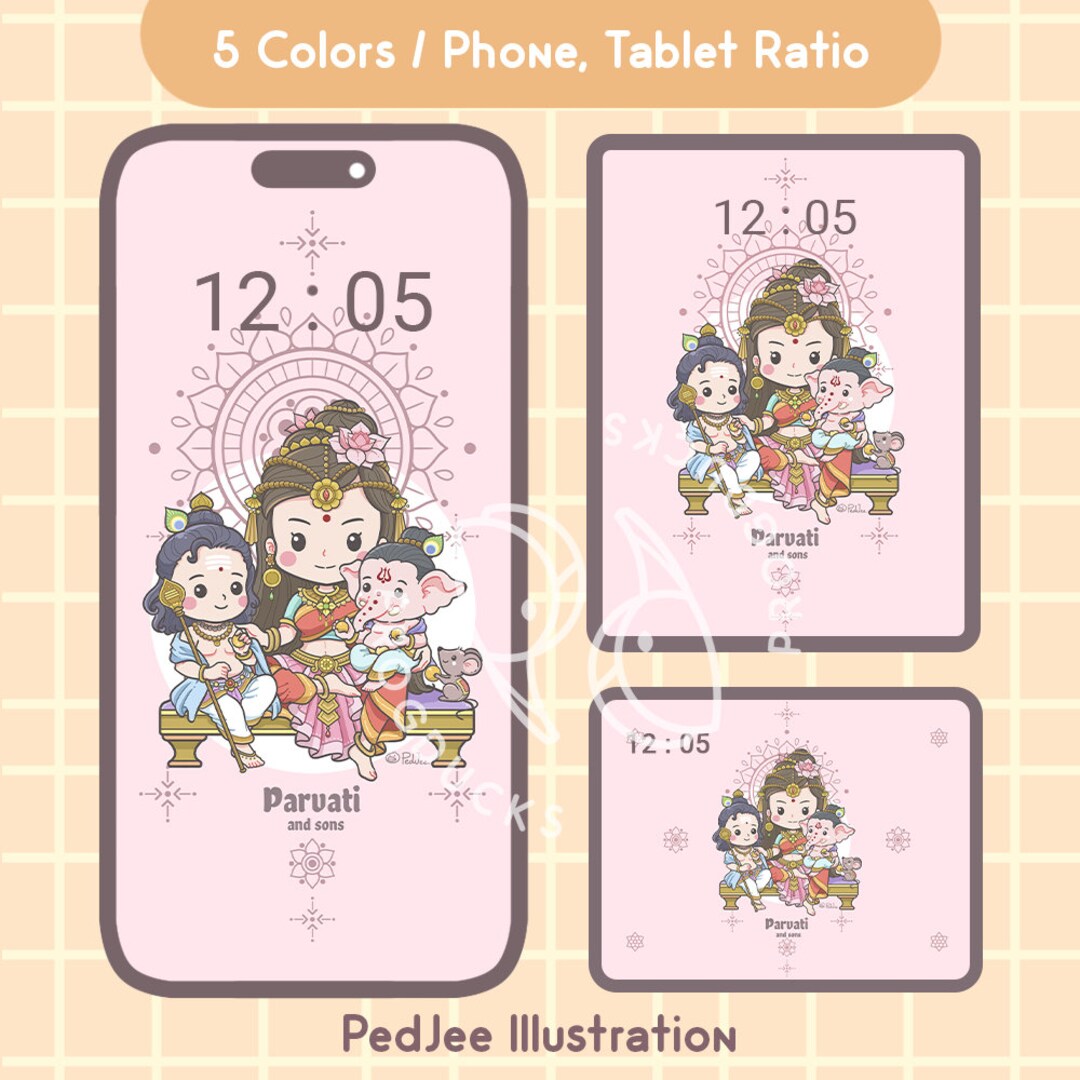 Cute Hindu Goddess Wallpaper | Chibi Parvati and Sons | Cute Digital ...