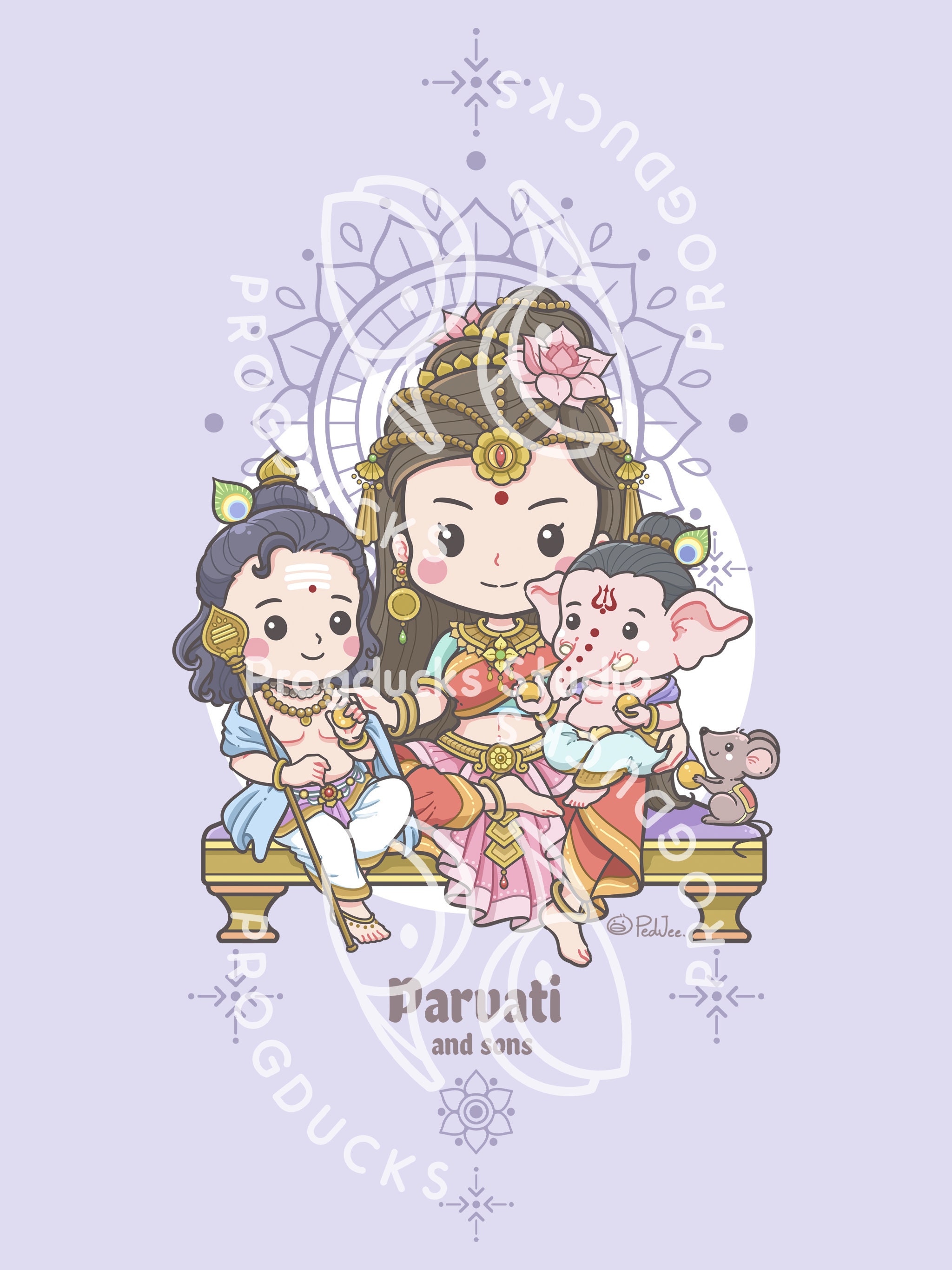 Cute Hindu Goddess Wallpaper | Chibi Parvati and Sons | Cute Digital ...