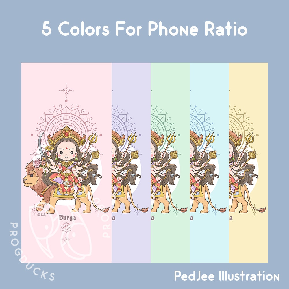Cute Hindu Goddess Wallpaper | Chibi Durga | Cute Digital Wallpaper | 5 Pastel Colors | Phone ...