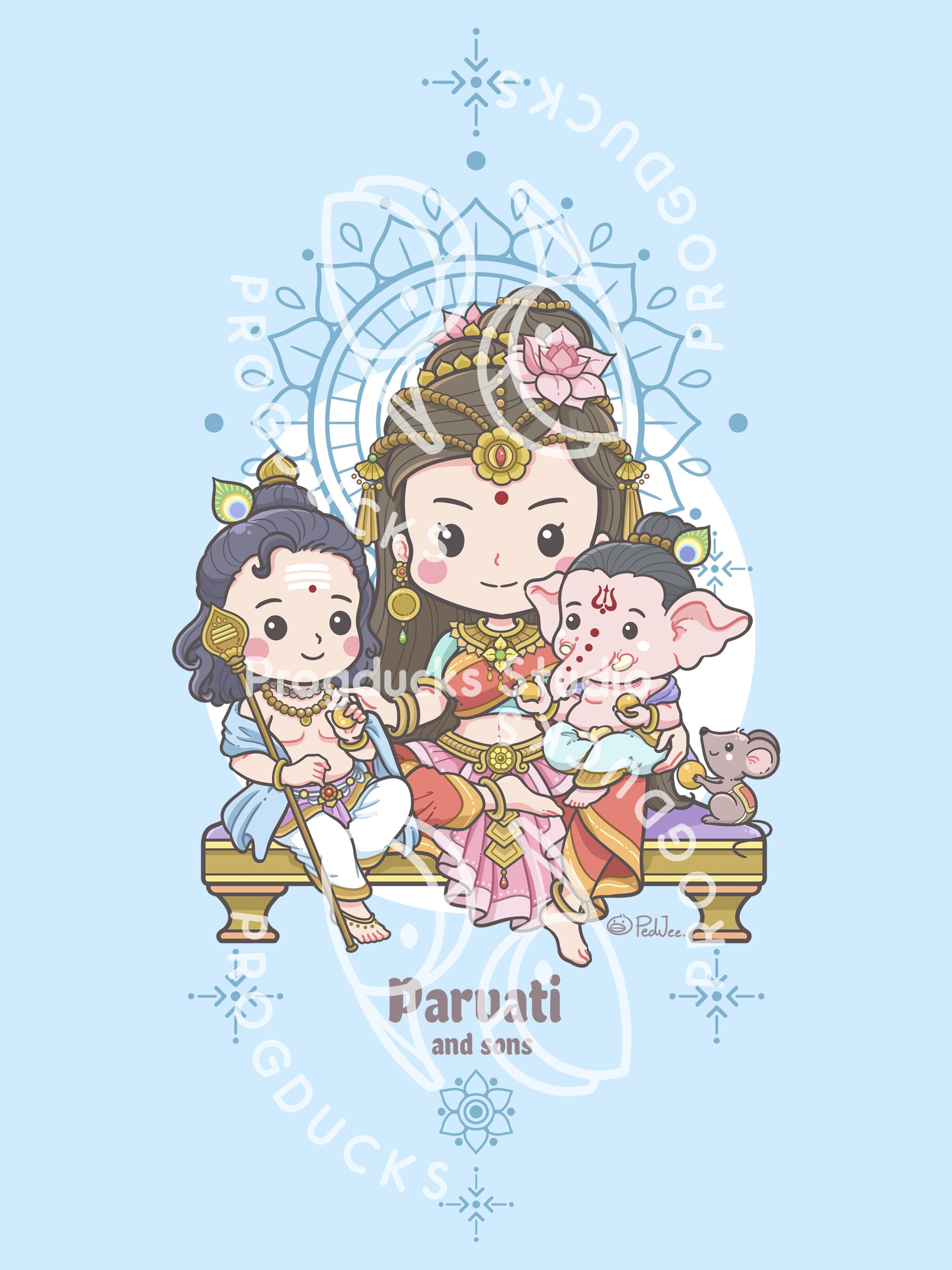 Cute Hindu Goddess Wallpaper | Chibi Parvati and Sons | Cute Digital ...