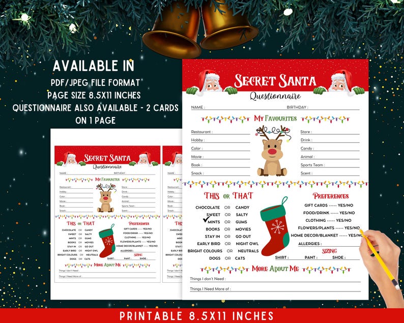 Secret Santa Questionnaire Printable, Christmas Gift Exchange, Present ...