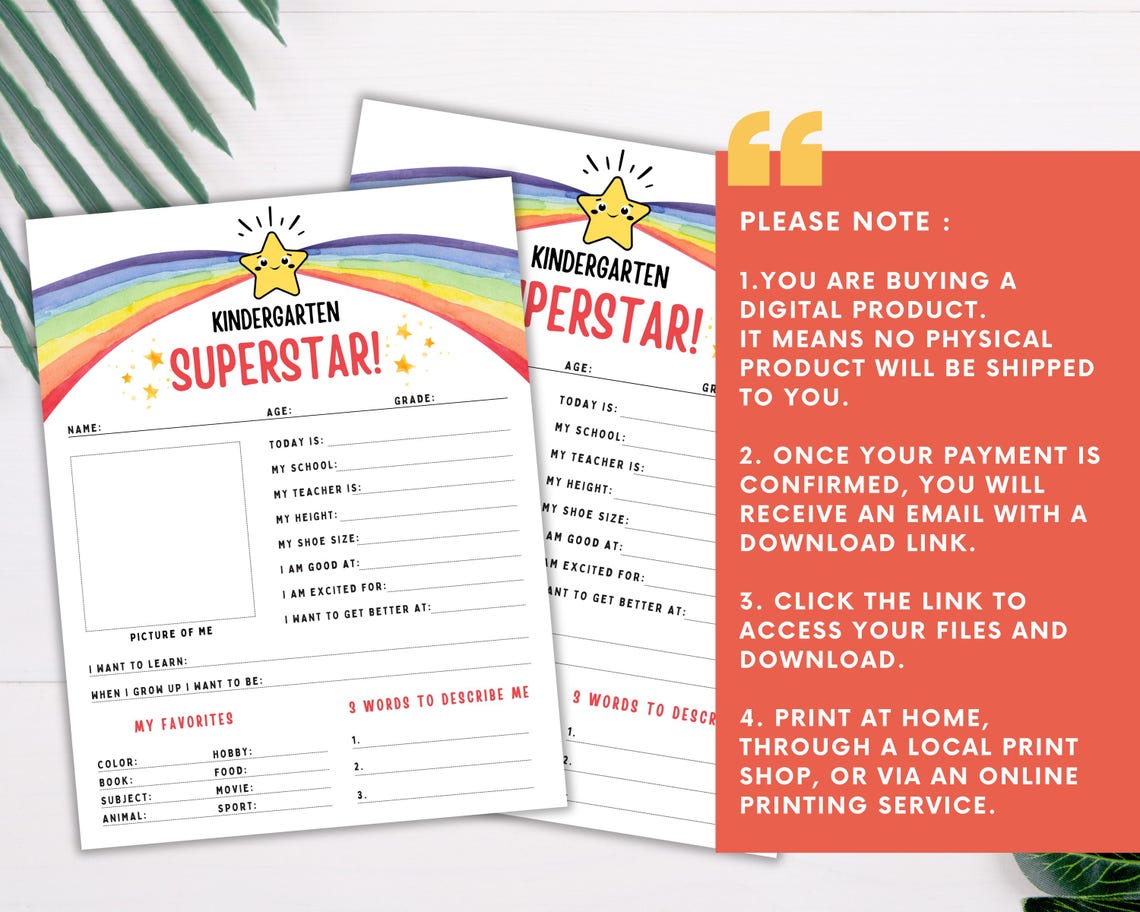 Kindergarten Interview Printable, All About Me Keepsake (digital ...