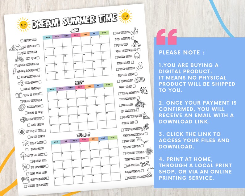 Summer Bucket List Printable, Summer Calendar, Summer Countdown, Summer ...