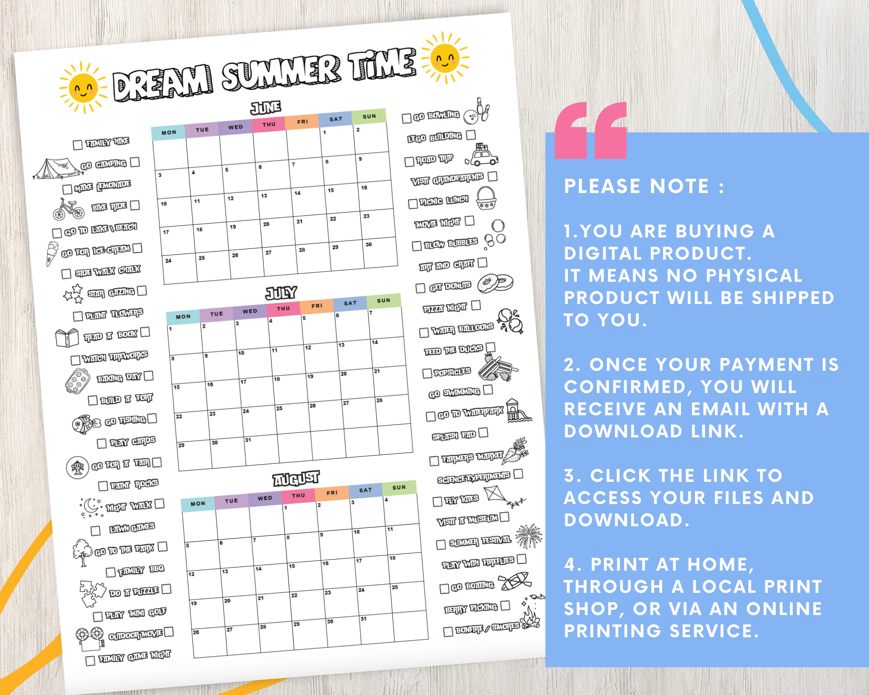 Summer Bucket List Printable, Summer Calendar, Summer Countdown, Summer ...