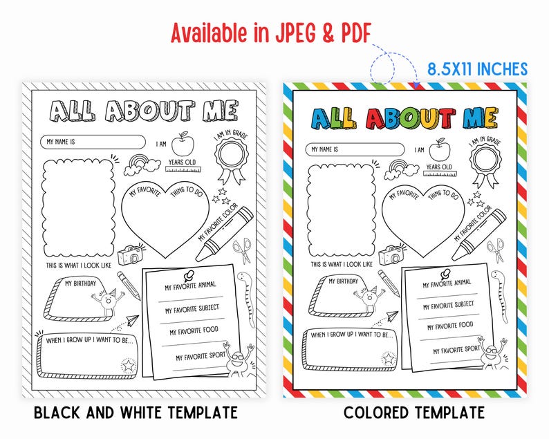 All About Me Printable Activity Coloring Worksheet Kids Favorite Things ...