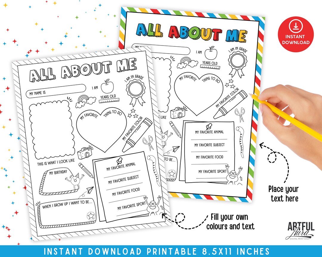 All About Me Printable Activity Coloring Worksheet Kids Favorite Things ...