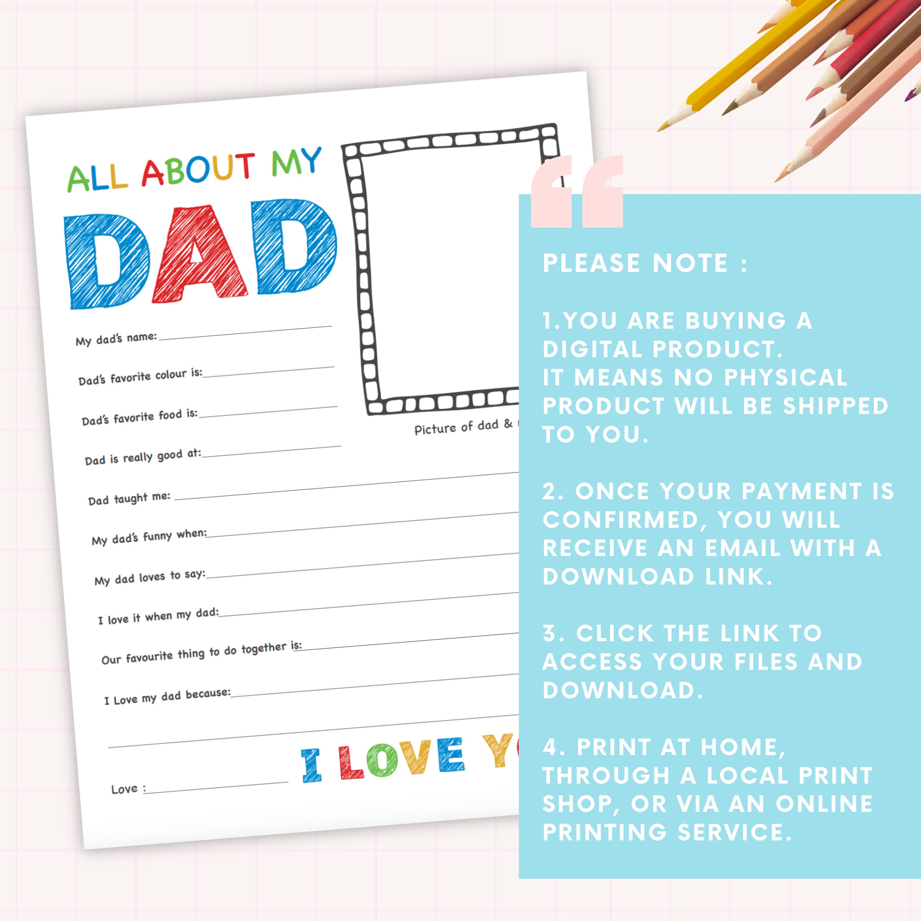 All About My Dad Printable, Fathers Day Gift From Son, Daughter, 1st ...