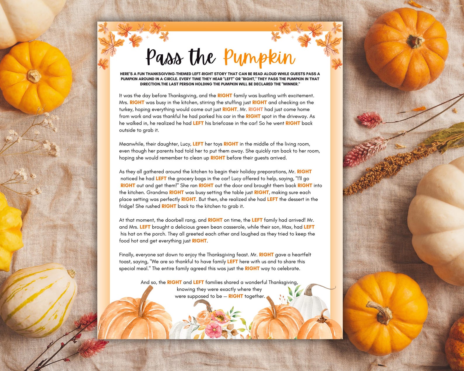 Pass the Pumpkin Game Printable, Prize Left Right Game, Easy ...