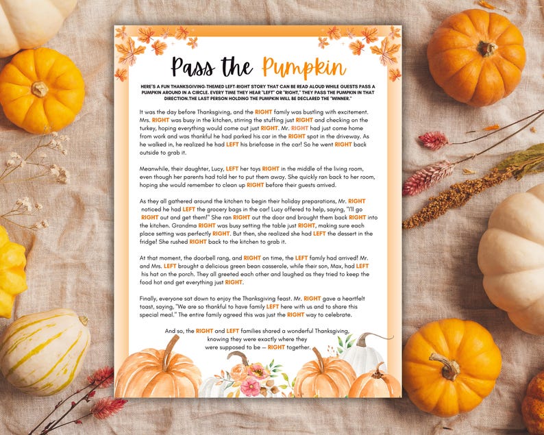 Pass the Pumpkin Game Printable, Prize Left Right Game, Easy ...