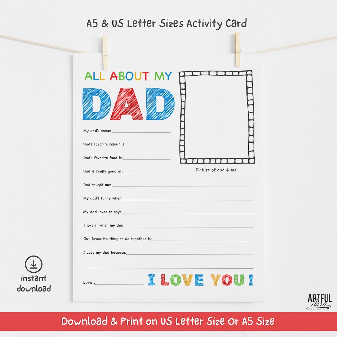 All About My Dad Printable, Dad Birthday Gift From Son, Dad Birthday ...