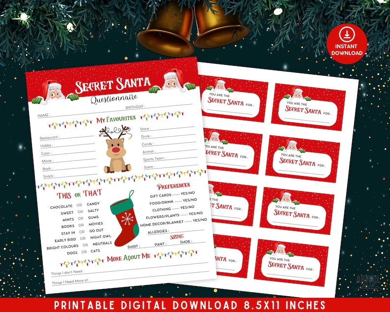 Secret Santa Questionnaire Printable, Christmas Gift Exchange, Present ...