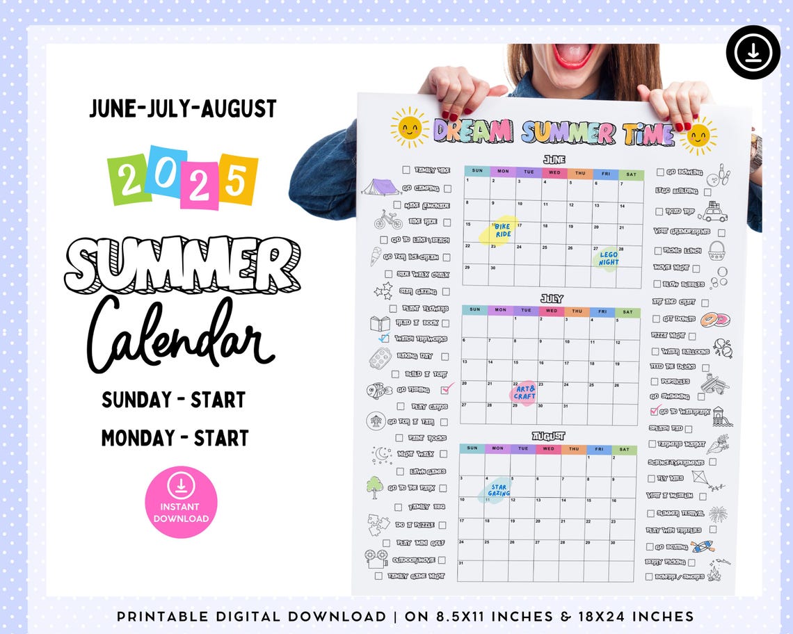 2025 Summer Calendar Bucket List: Kids' Printable Checklist (digital ...