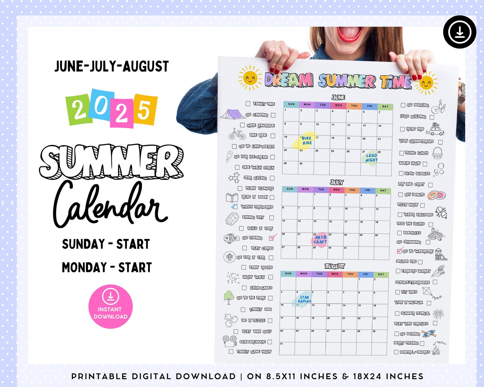 2025 Summer Calendar Bucket List: Kids' Printable Checklist (digital ...