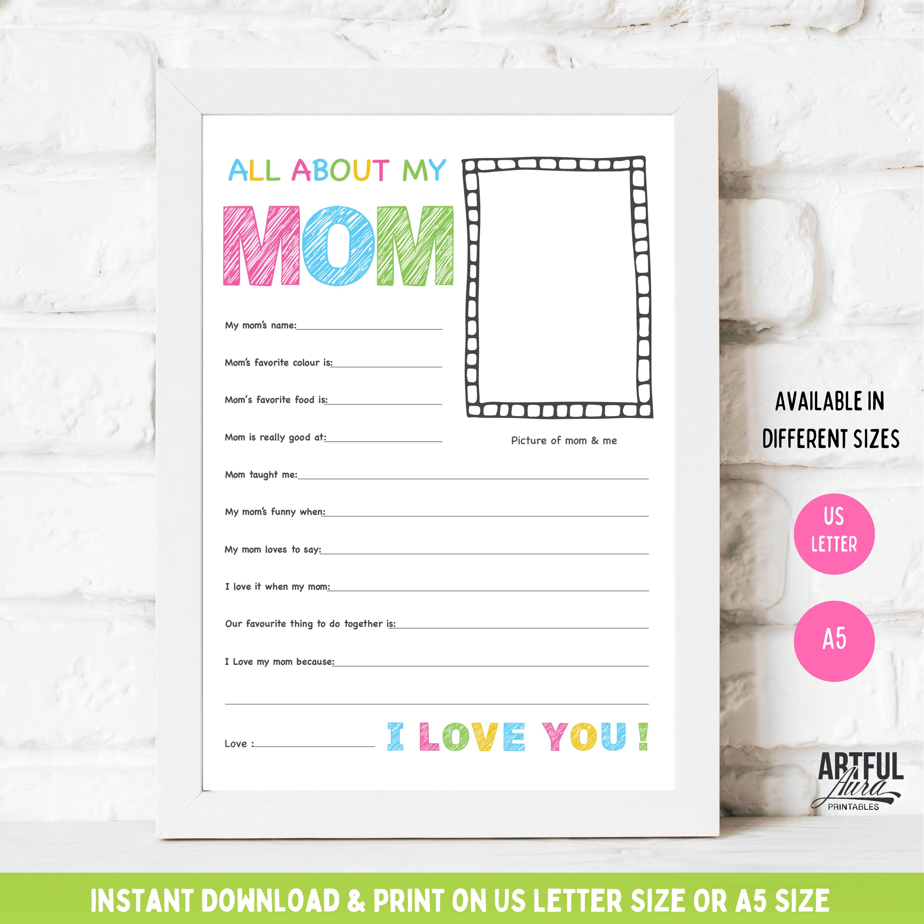 Mothers Day Questionnaire, Printable Kids Activity, All About Mom Gift ...
