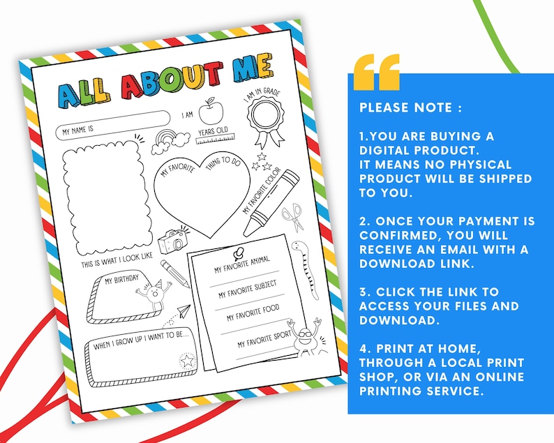All About Me Printable Activity Coloring Worksheet Kids Favorite Things ...